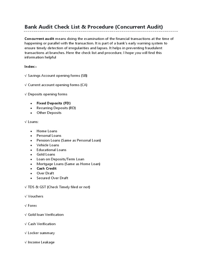 Concurrent Audit Check List | PDF | Loans | Banks