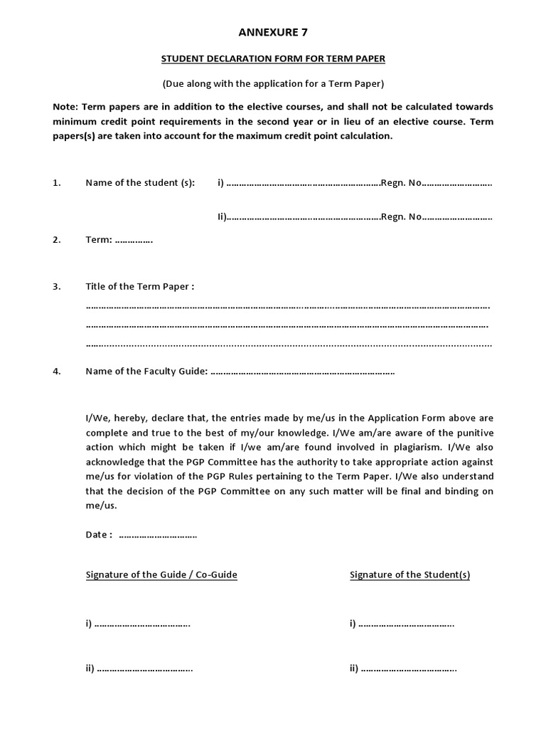 Declaration Form For Term Paper | PDF