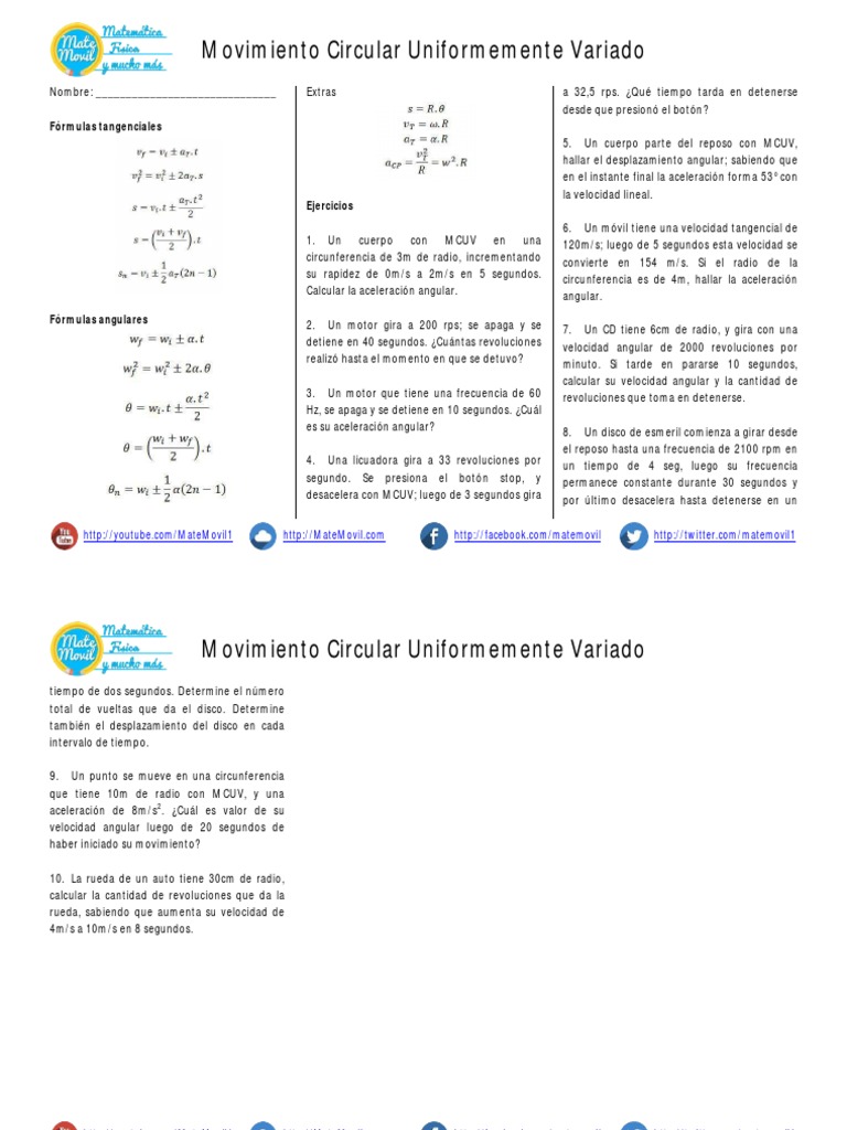 Movimiento Circular Uniformemente Variado Ejercicios Propuestos PDF ...