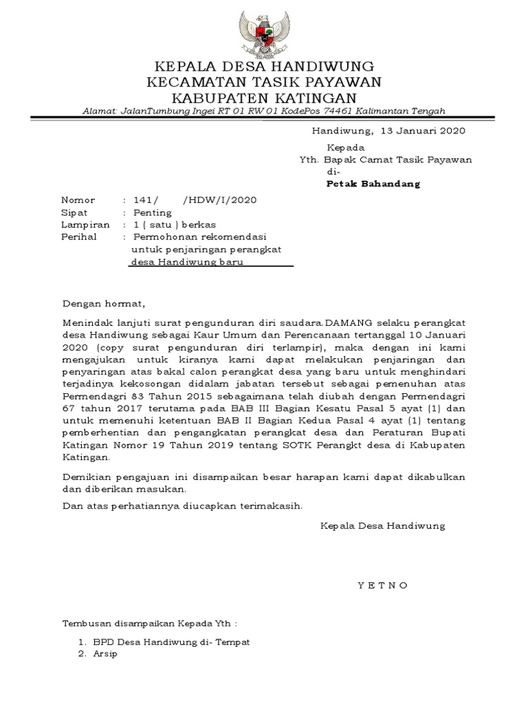 Surat Permohonan Rekom Penjaringan Perangkat Desa | PDF