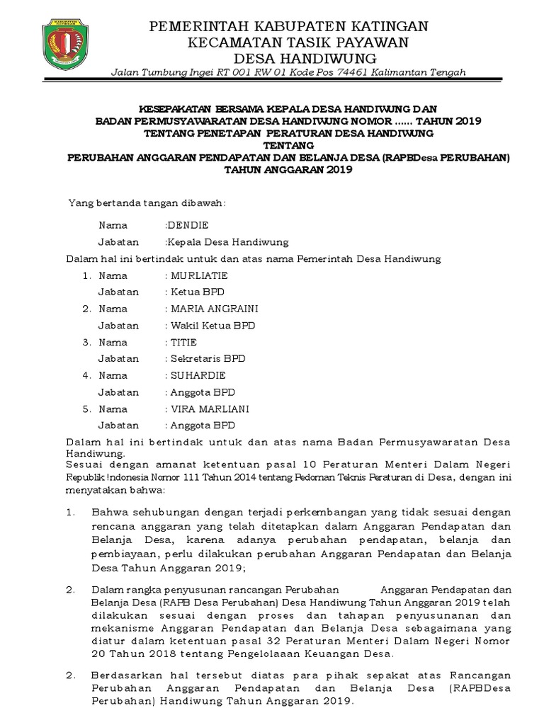 Berita Acara Kesepakatan Rancangan APBDes TA 2019 | PDF