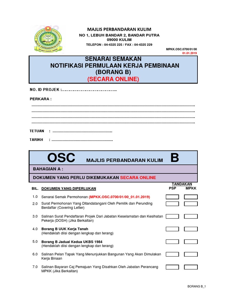 Senarai Semak Notifikasi Memulakan Kerja Borang B | PDF