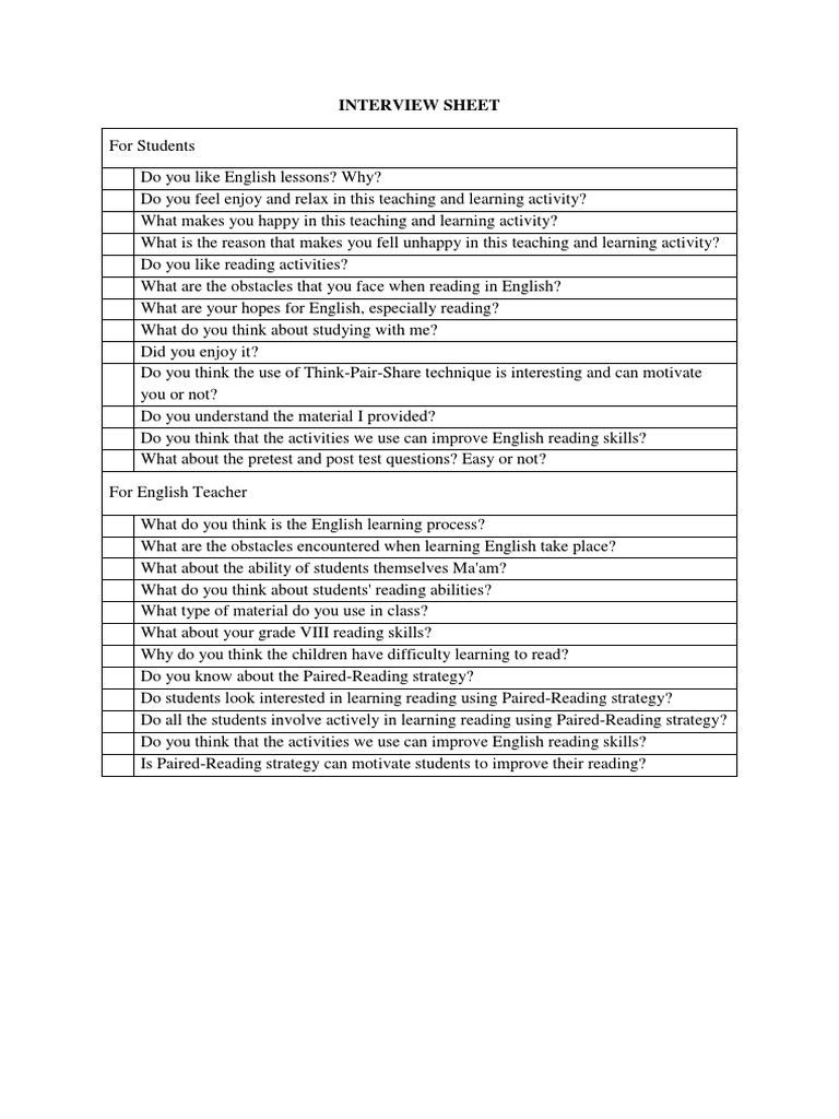 Interview Observation Sheet For English Classroom Action Research | PDF ...