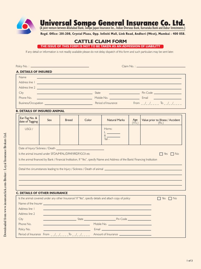 Cattle Insurance Claim Form | PDF | Insurance | Medicine