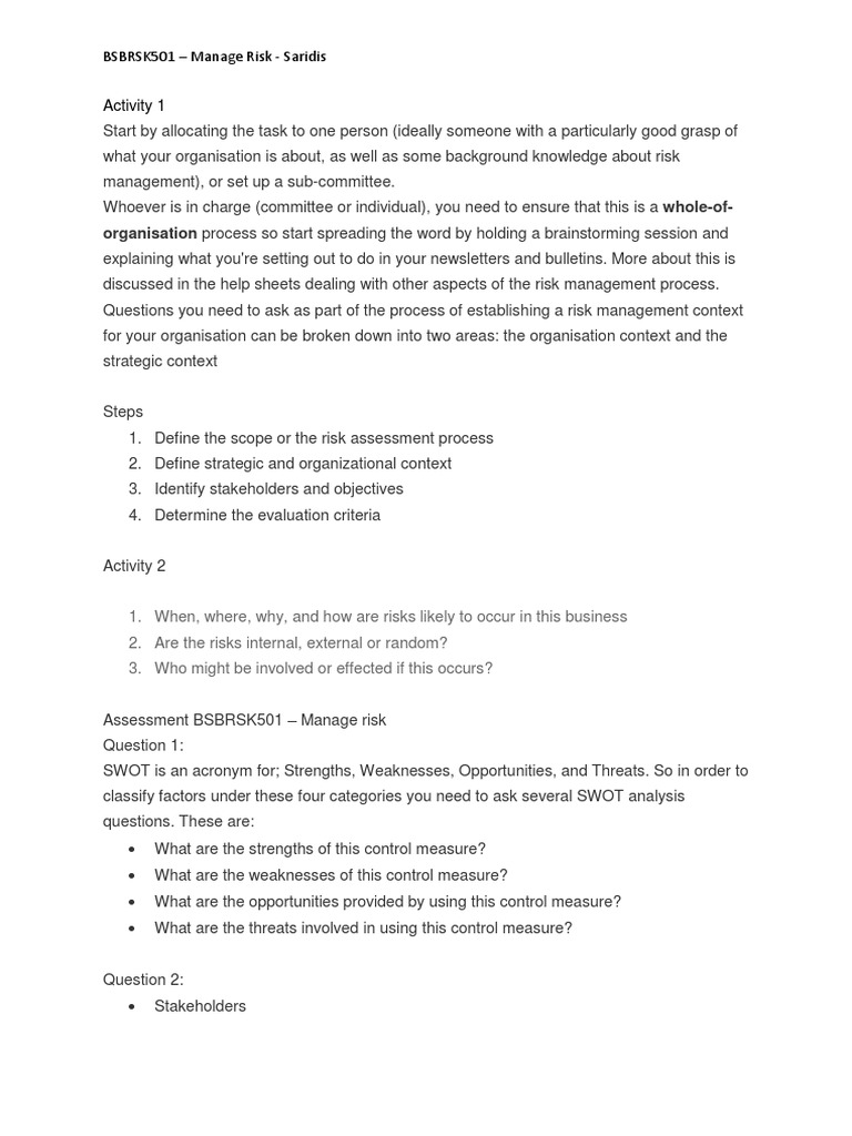 BSBRSK501 | PDF | Risk Management | Swot Analysis