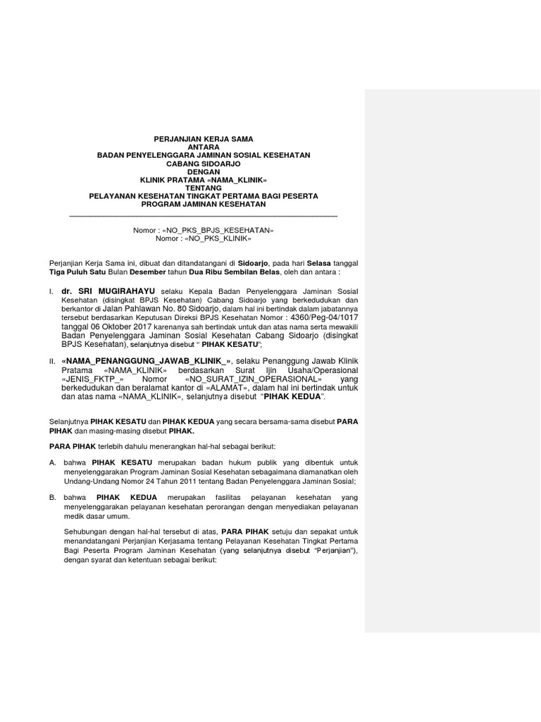 5.template PKS Klinik Pratama 2020 KC SIDOARJO | PDF