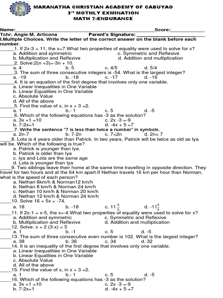 Math 7 3g Exam | PDF | Angle | Inequality (Mathematics)