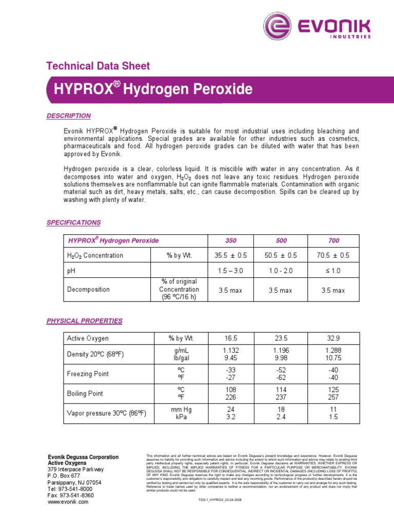 Evonik 35 - 70 - TDS-1 - HYPROX - 03-24-2008 | PDF | Hydrogen Peroxide ...