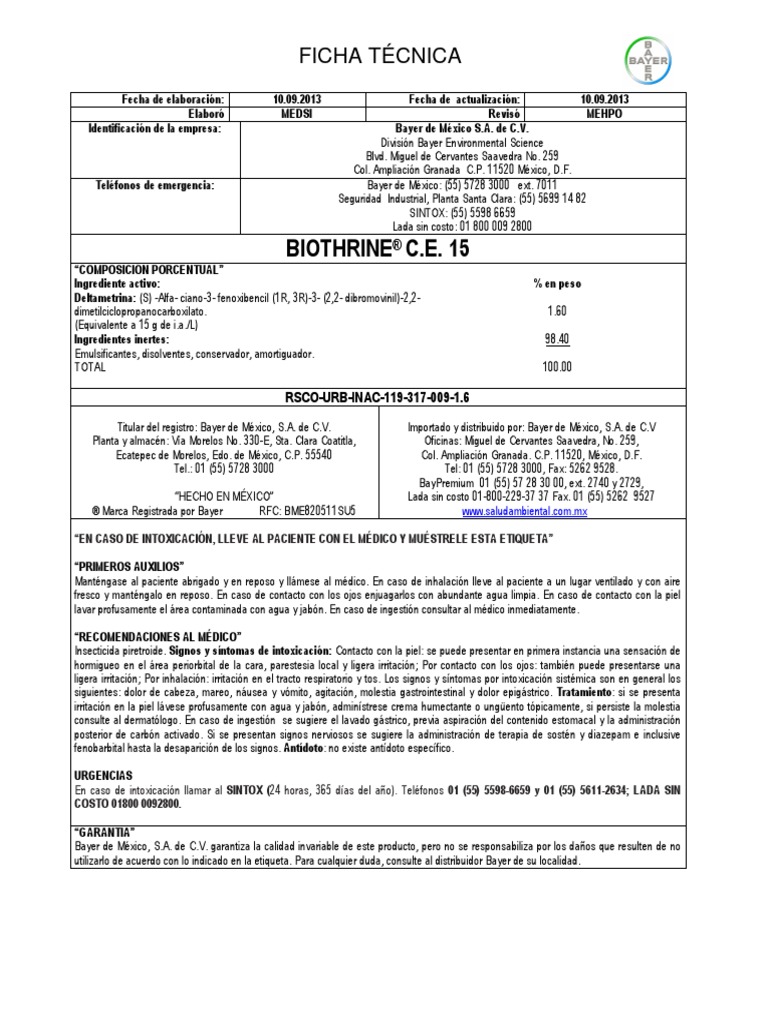 Biothrine CE 15 - Ficha Tecnica PDF | PDF | Insectos | Agua