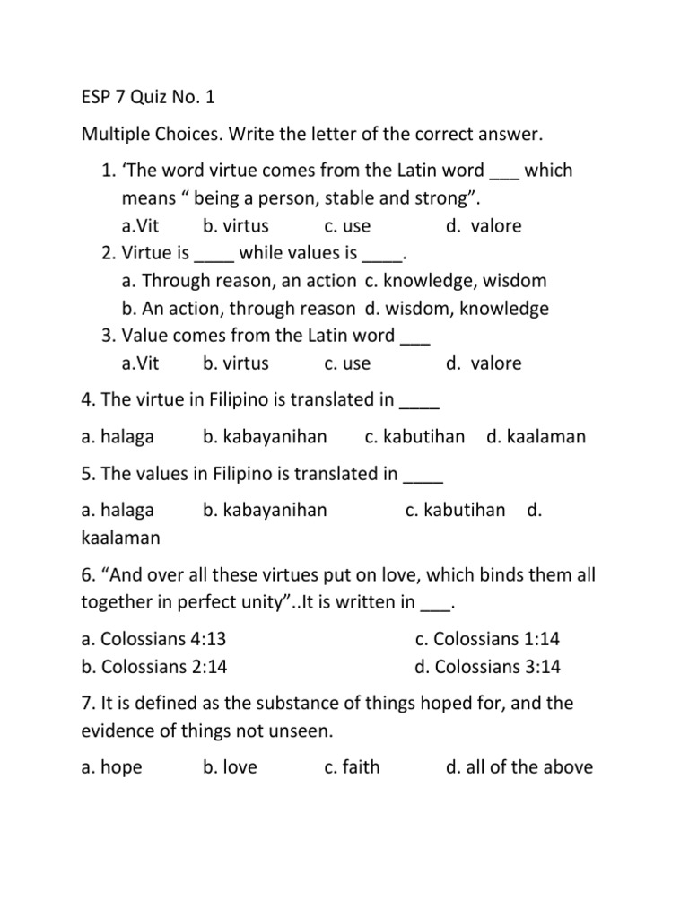 Quiz No. 1 | PDF | Wisdom | Virtue