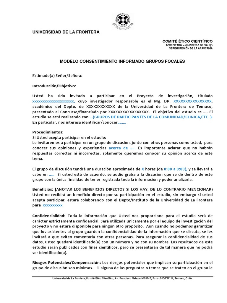 Modelo Consentimiento Informado UFRO | PDF | Consentimiento informado ...