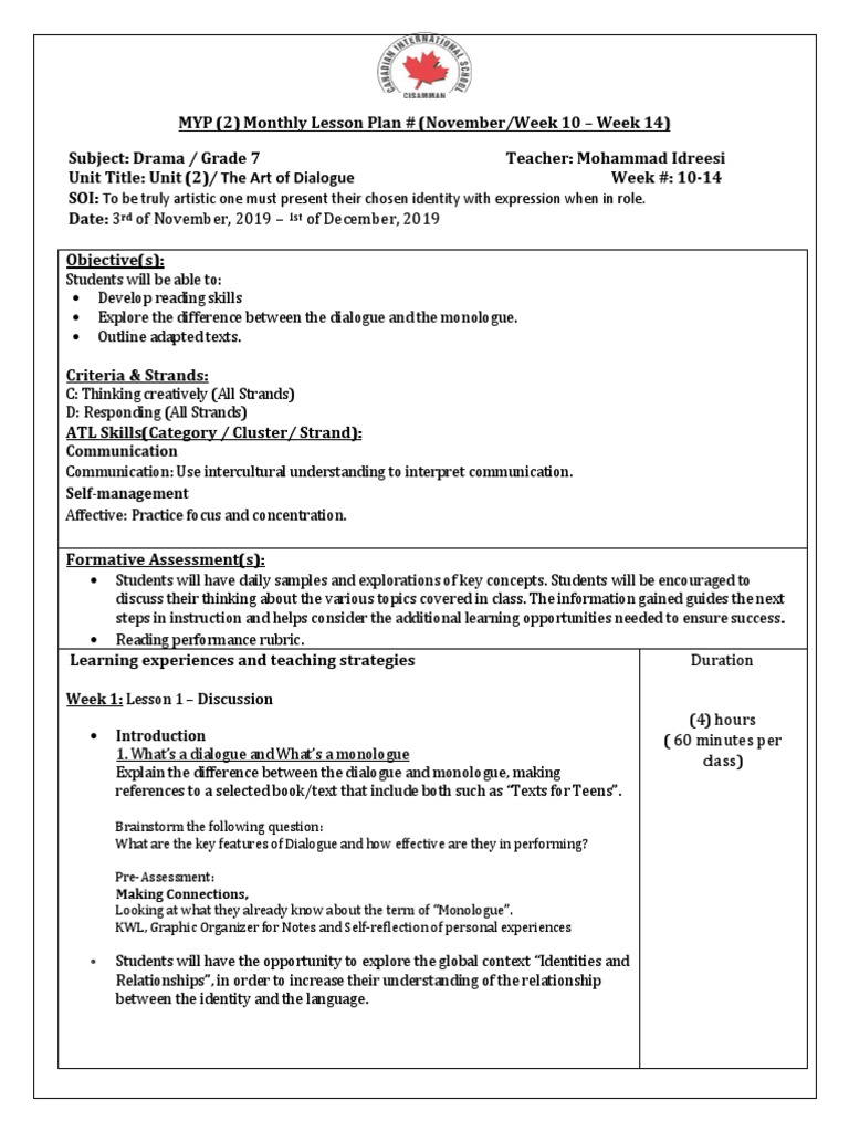 MYP 2 Drama Lesson Plan - Unit 2 | PDF | Lesson Plan | Teaching