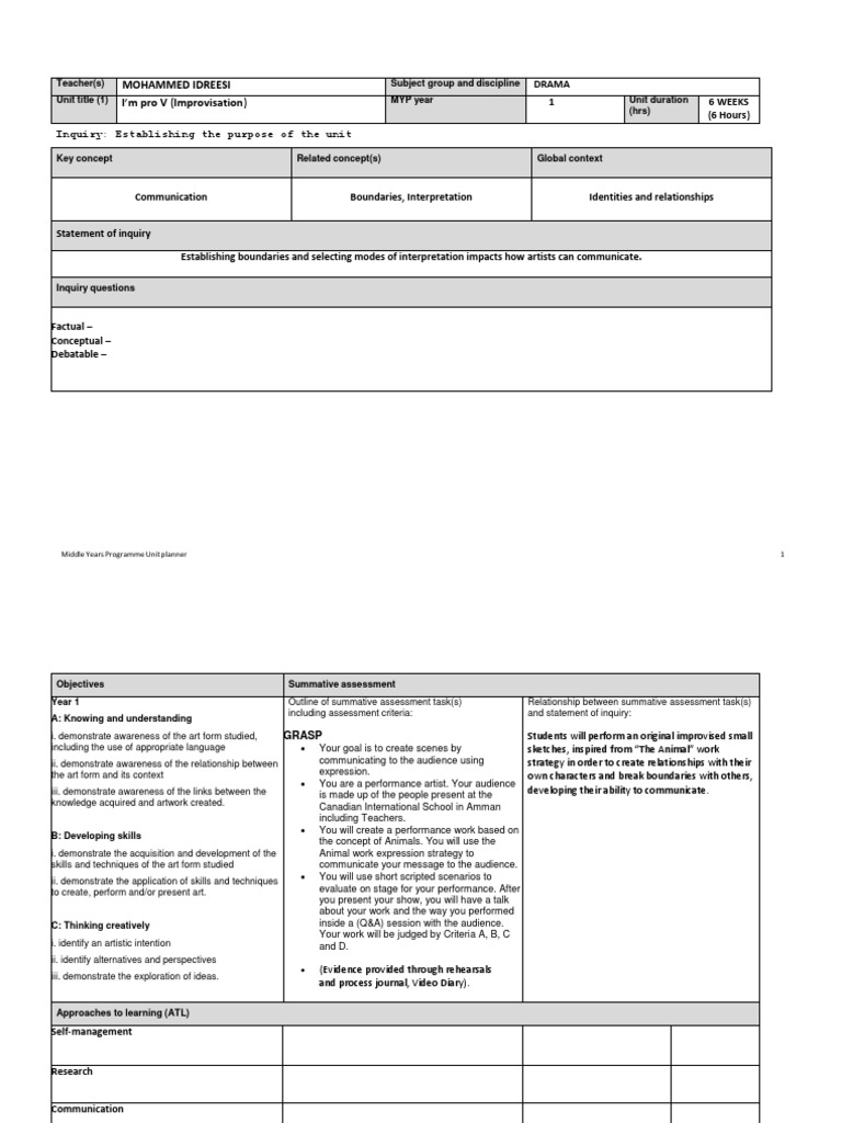 MYP1 Unit-DRAMA | PDF | Educational Assessment | Teaching
