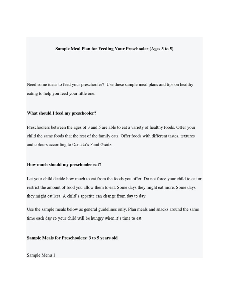 Sample Meal Plan For Feeding Your Preschooler | PDF | Child Care ...
