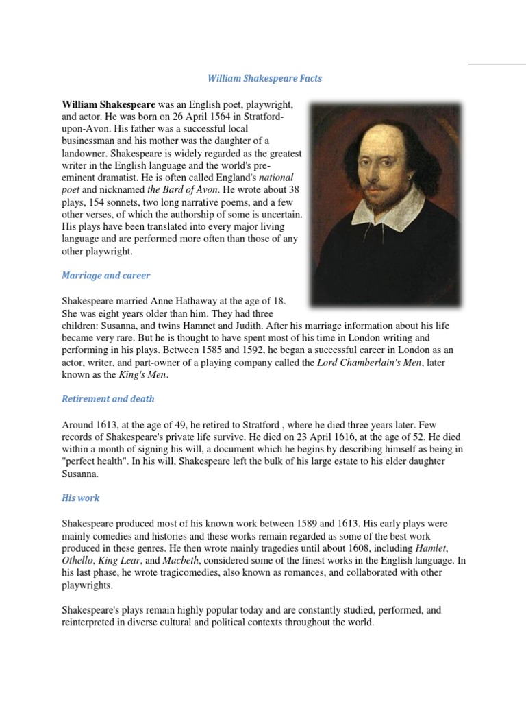 William Shakespeare Facts | PDF | William Shakespeare | Poetry