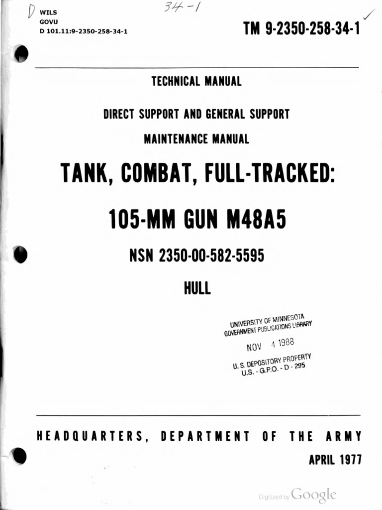 TM 9-2350-258-34-1 Tank, Combat, Full Tracked 105-mm Gun M48A5 Hull ...