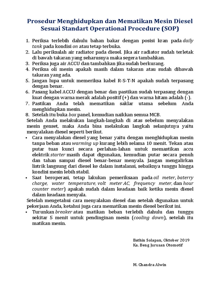 Sop Mesin Diesel | PDF