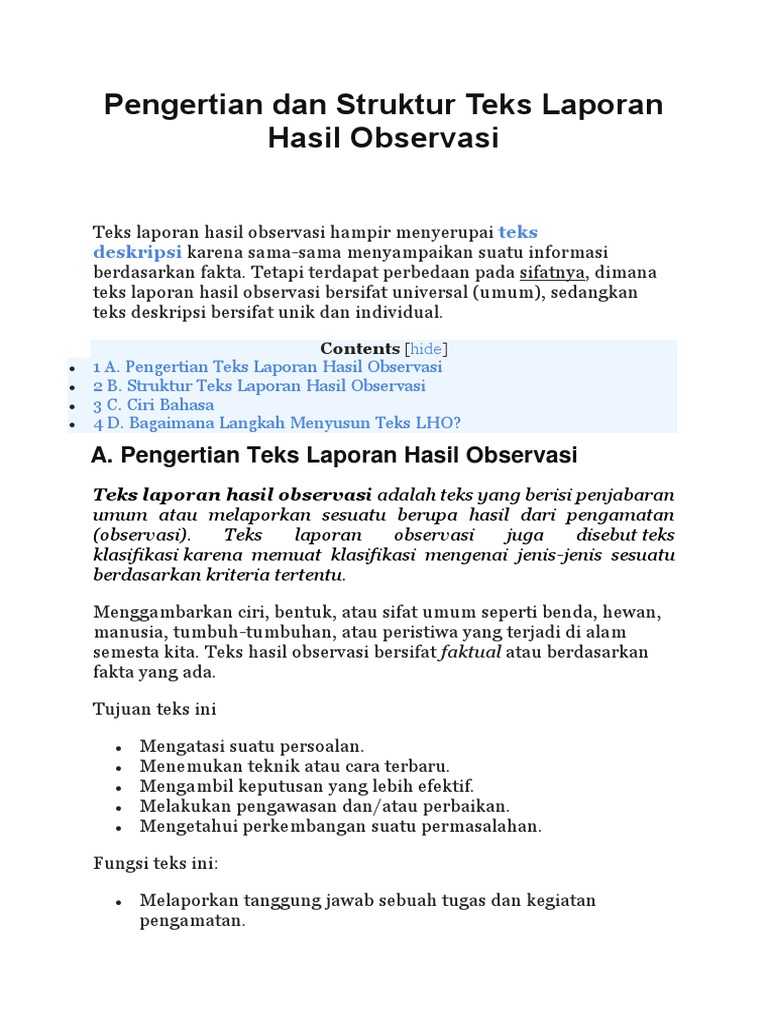 Pengertian Dan Struktur Teks Laporan Hasil Observasi | PDF