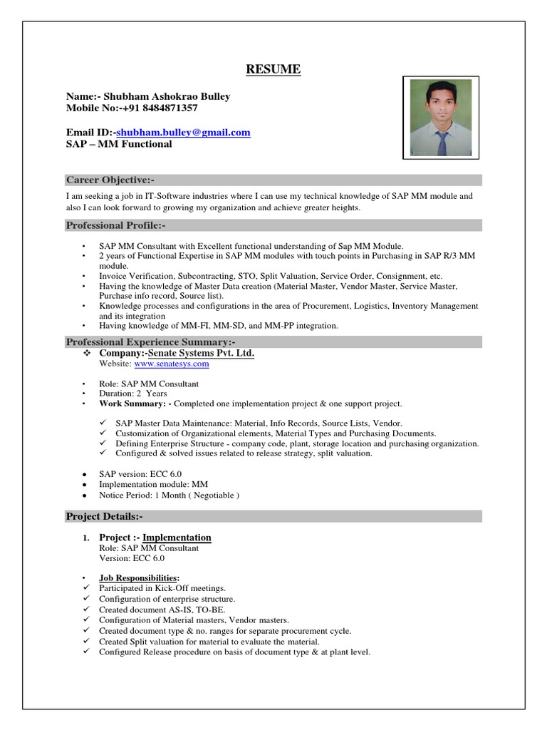 Shubham SAP MM CV | PDF | Sap Se | Business