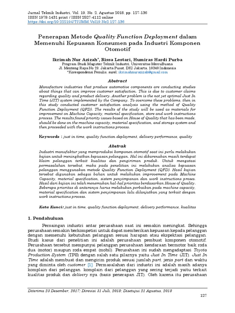 Penerapan Metode Quality Function Deployment Dalam Memenuhi Kepuasan Konsumen Pada Industri ...
