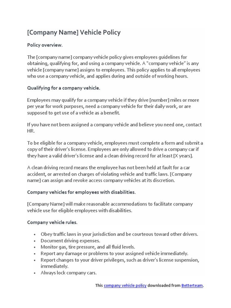 Company Vehicle Use Policy Overview | PDF | Driver's License | Vehicles
