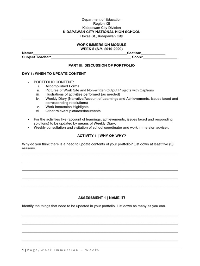 Week 5 Work Immersion Highlights | PDF | Evidence | Employment