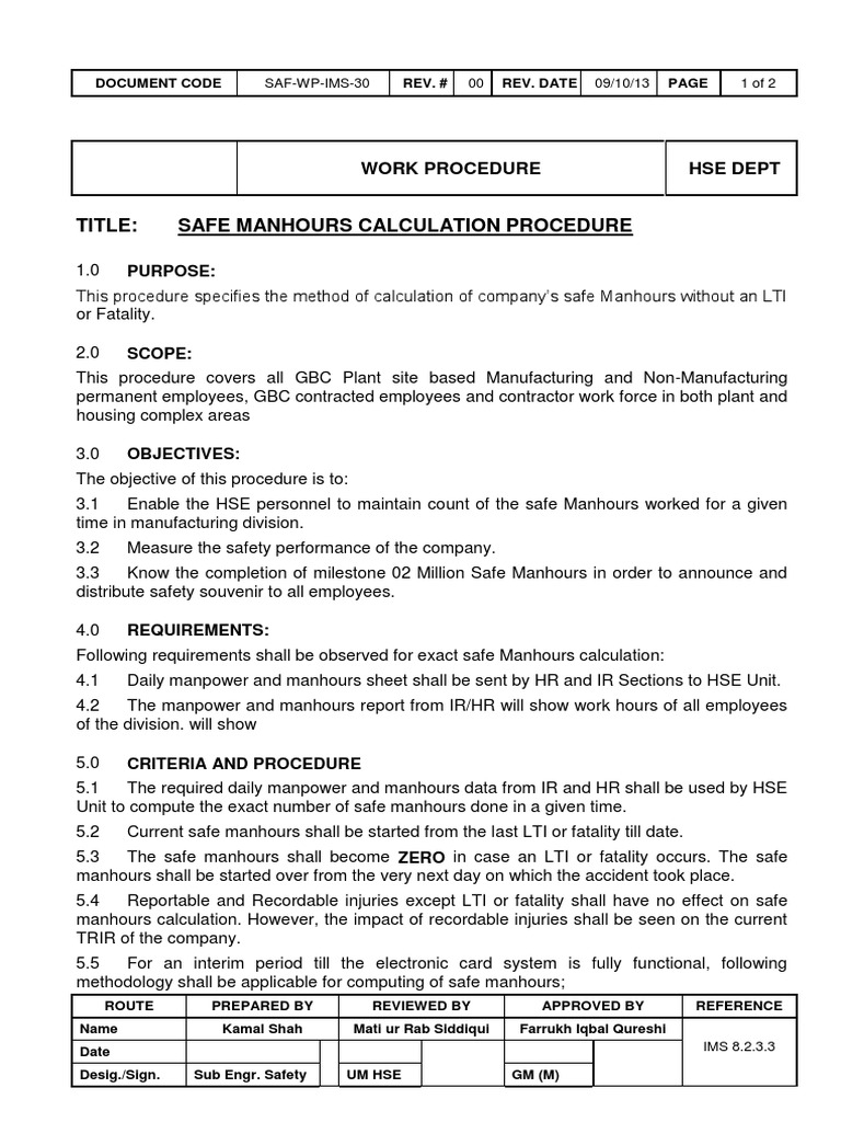 Safe Manhours Calculation Procedure - Final | PDF | Business | Teaching ...