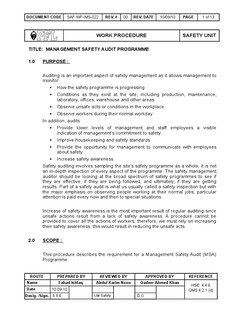 22 - Management Safety Audit Program | PDF | Safety | Employment