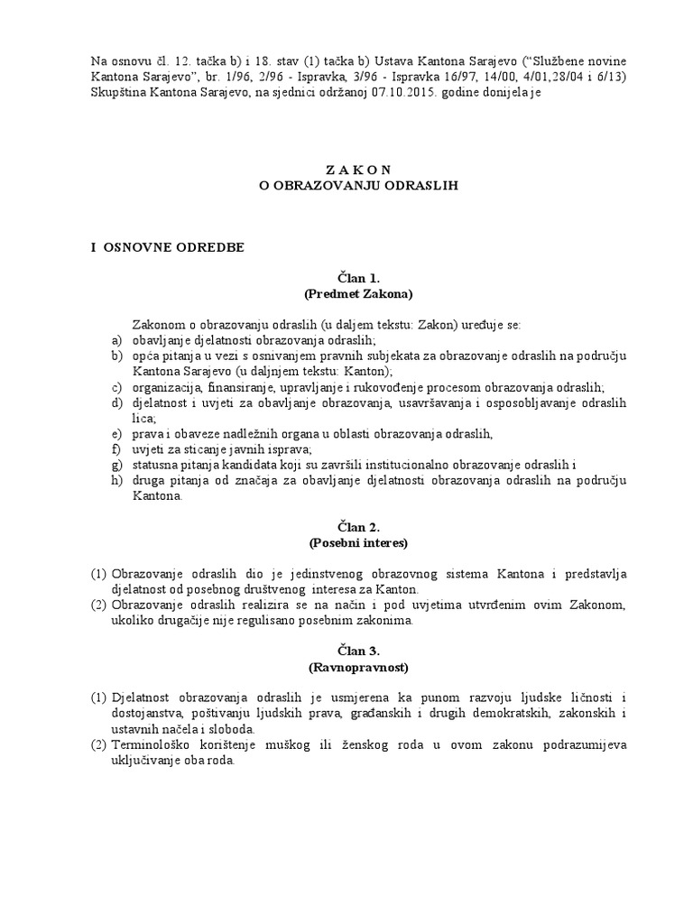 Zakon o Obrazovanju Odraslih U Kantonu Sarajevo | PDF