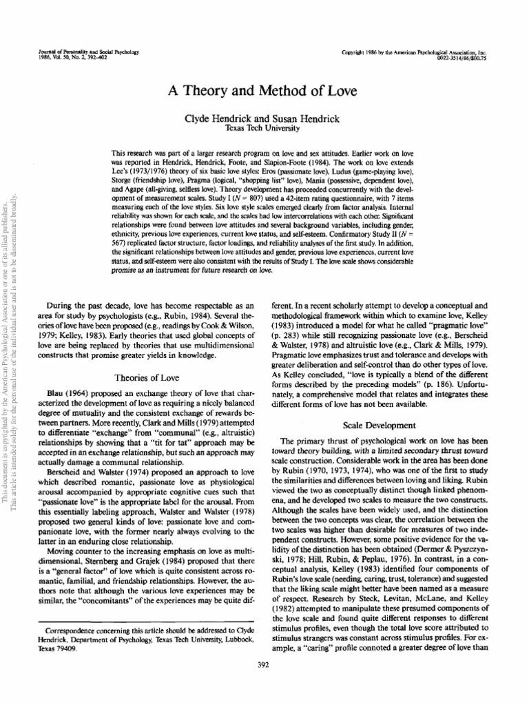 Hendrick 1986 | PDF | Love | Behavioural Sciences