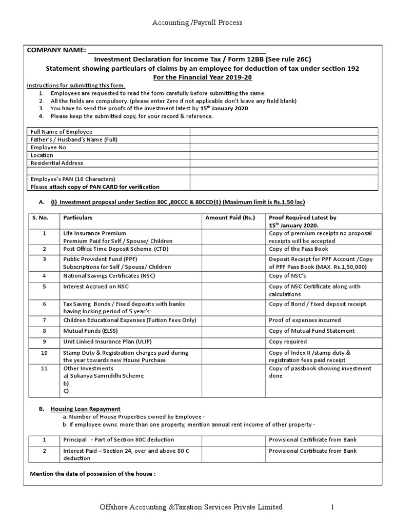 Investment Declaration Form FY 2019-20 v2 | PDF | Income Tax In India ...