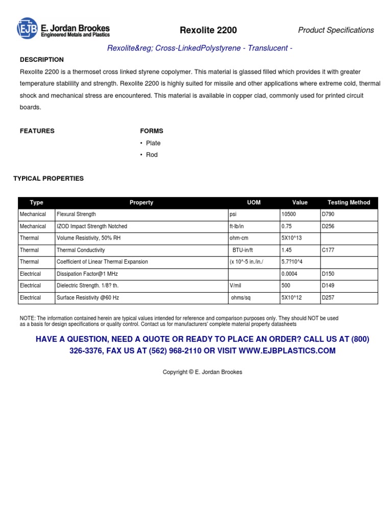 Rexolite 2200 Spec Sheet | PDF | Electrical Resistivity And ...