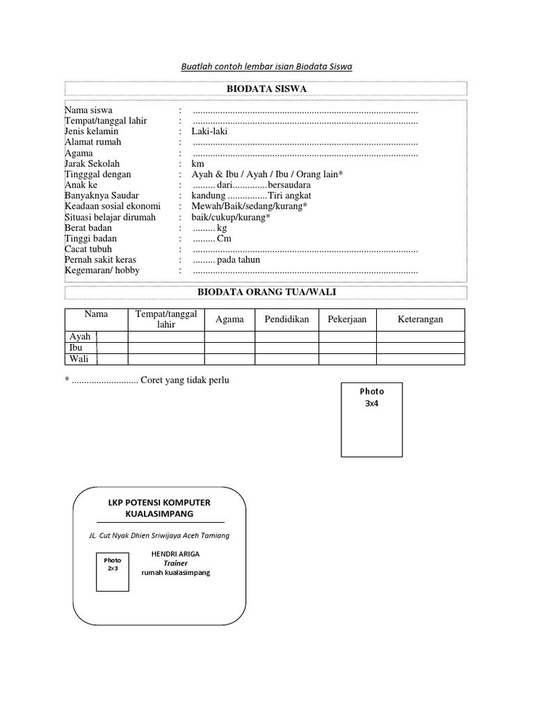 Buatlah Contoh Lembar Isian Biodata Siswa | PDF