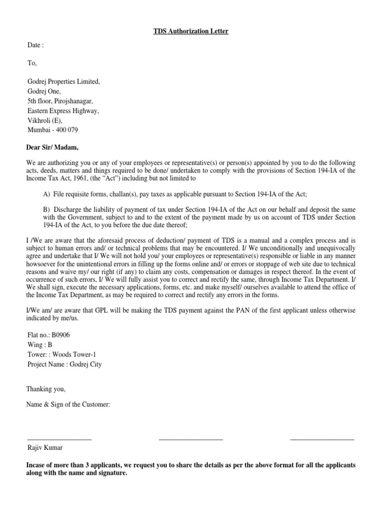 TDS Authorization Letter PDF | PDF