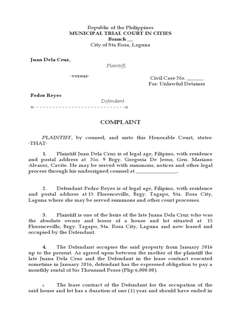 Sample Complaint For Unlawful Detainer | PDF | Civil Law (Common Law) | Lawsuit