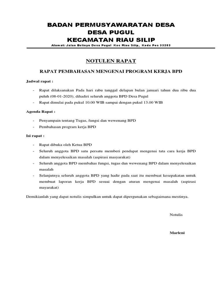 Berita Acara Program Kerja BPD | PDF