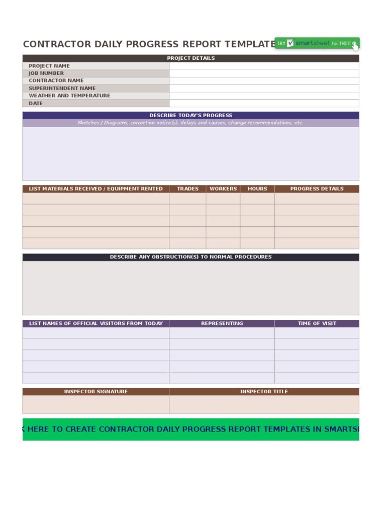 Contractor Daily Progress Report Template for Construction Projects | PDF