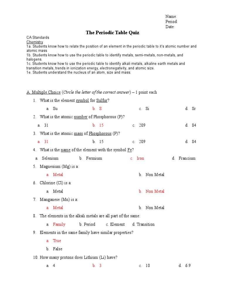 Periodic Table Test | PDF | Atoms | Periodic Table