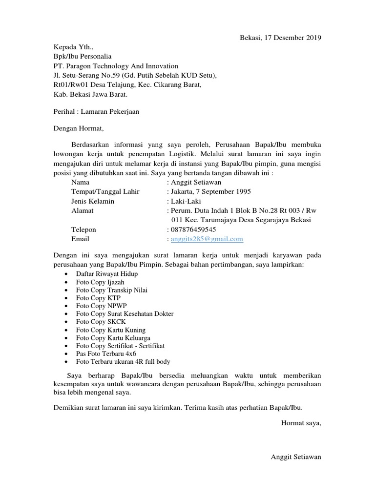 Surat Lamaran ANGGIT SETIAWAN | PDF | Karier & Perkembangan | Bisnis