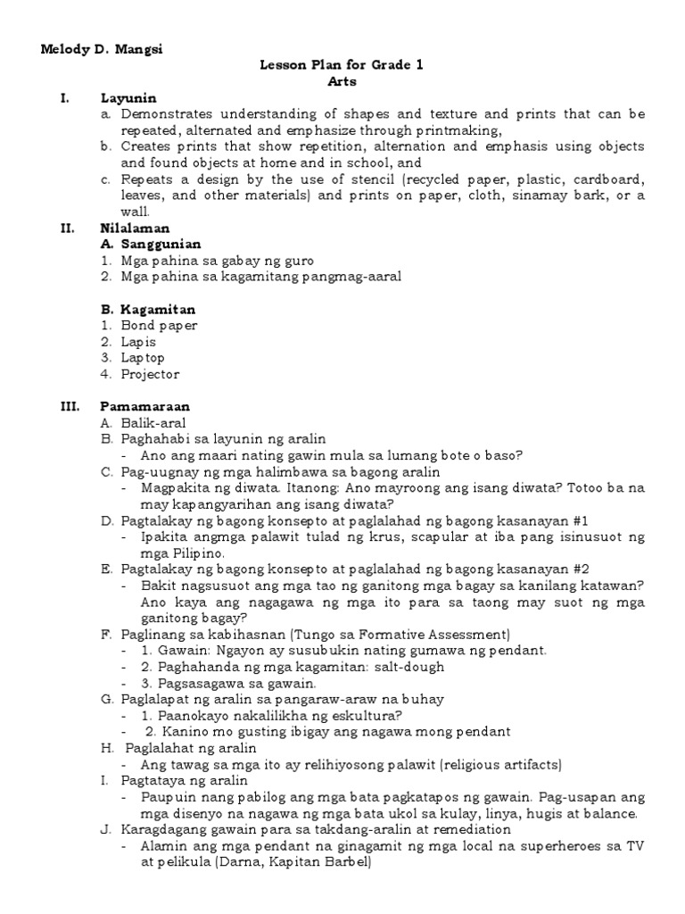 Lesson Plan For Grade 1 ARTS | PDF