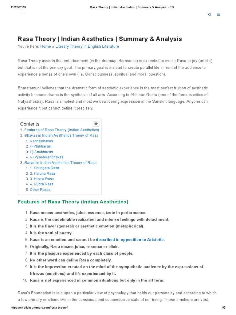Rasa Theory - Indian Aesthetics - Summary & Analysis - ES | PDF ...