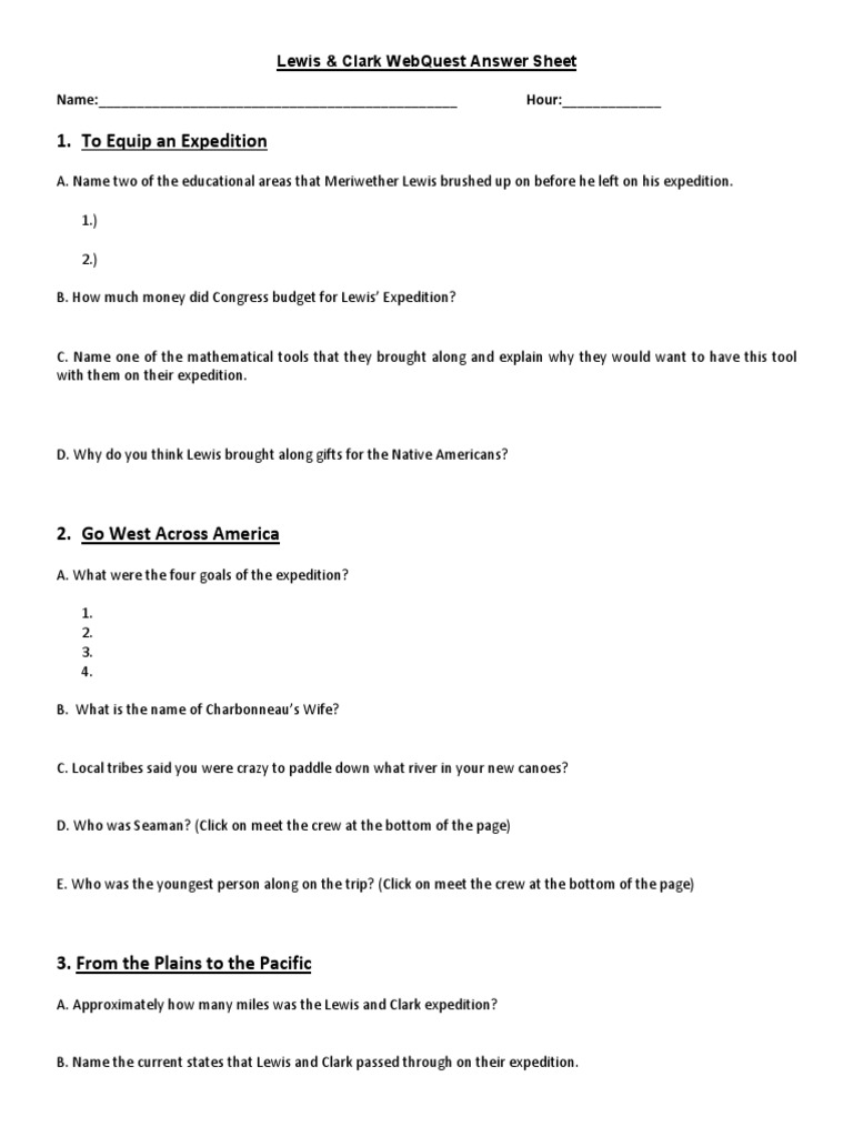 Lewis & Clark WebQuest Answer Key | PDF | Social Science | Travel
