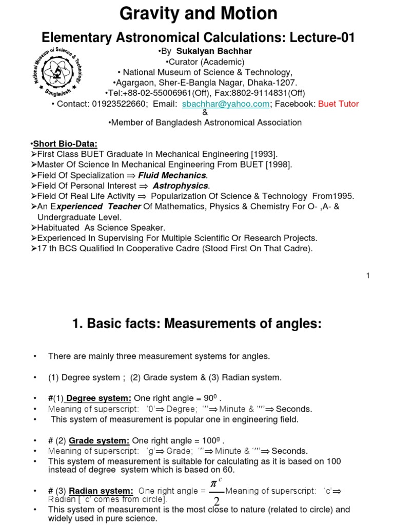 Elementary Astronomical Calculations: Lecture-01 | PDF | Trigonometric ...