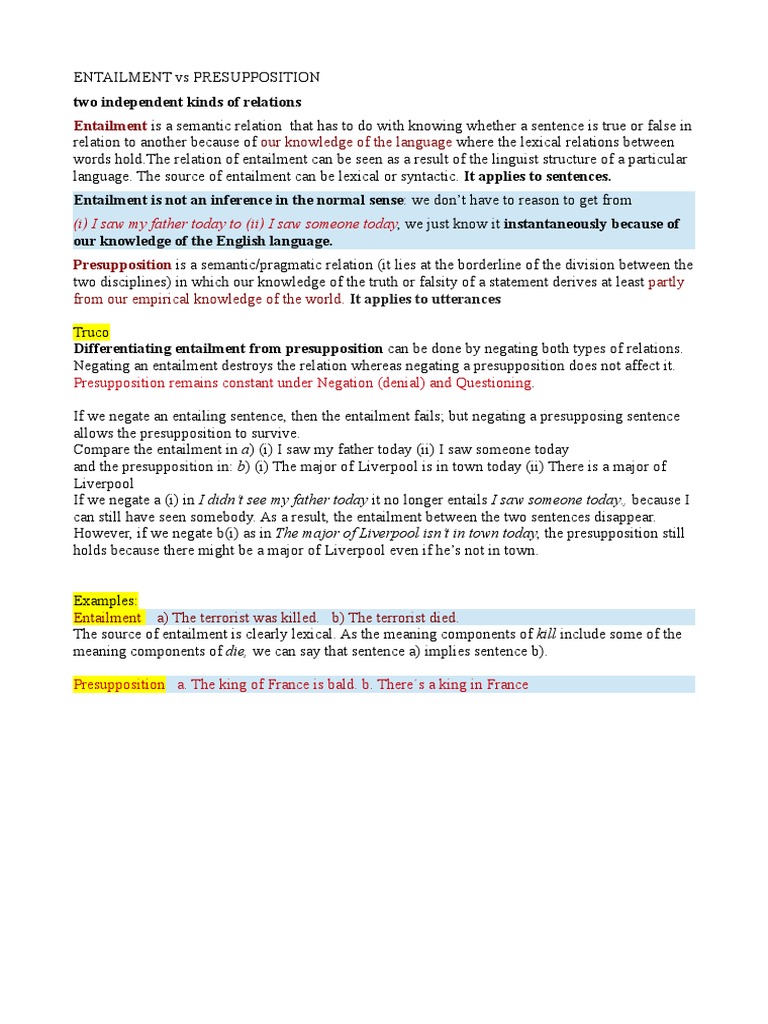 Entailment Vs Presupposition | PDF