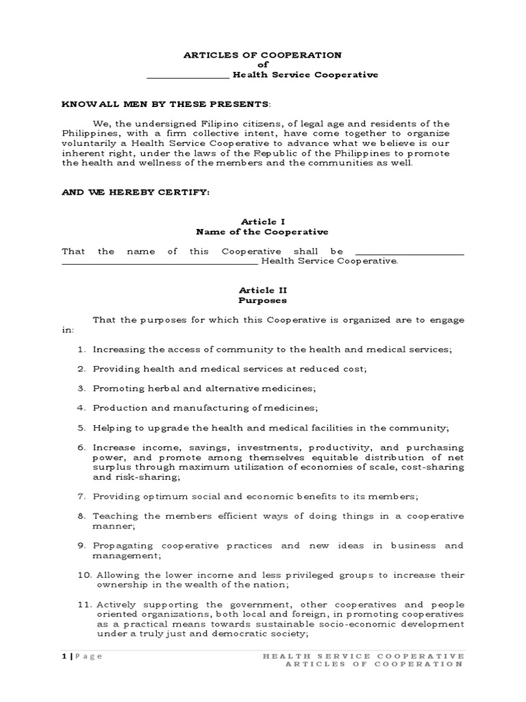 Health Service Articles of Cooperation | PDF | Cooperative | Wealth