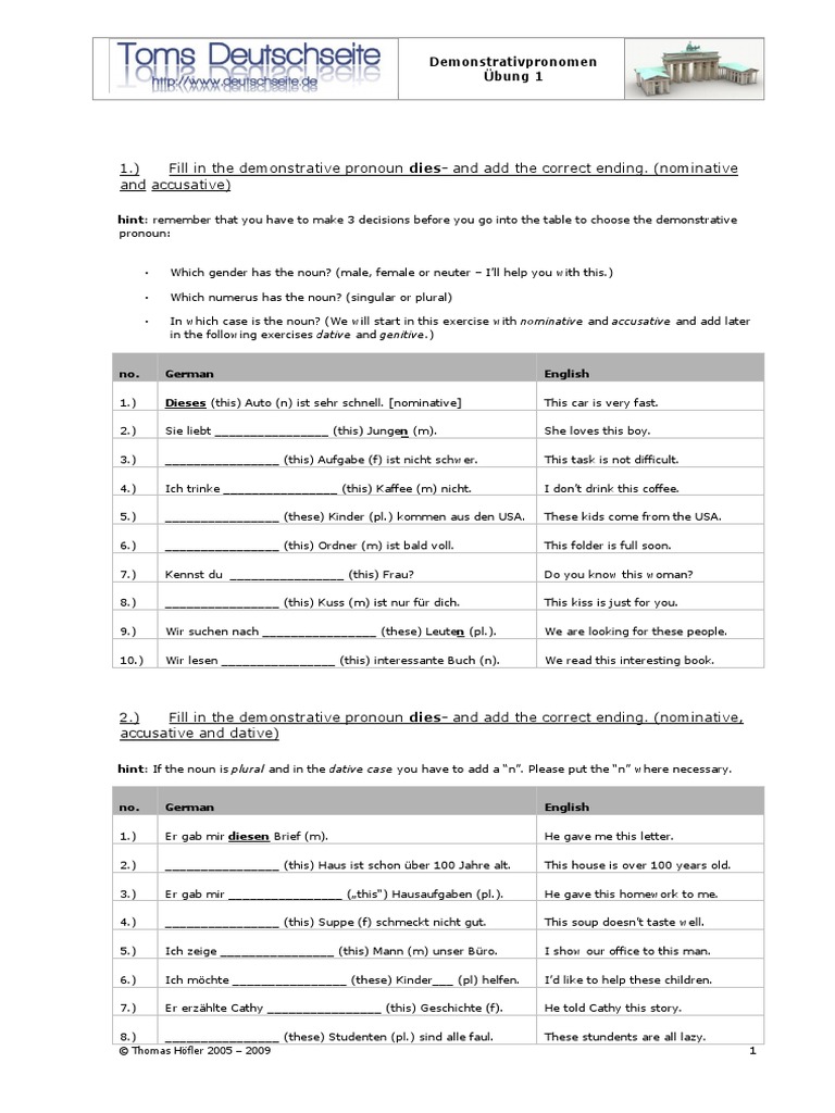 Demonstrativpronomen 01 | PDF | Plural | Grammatical Gender
