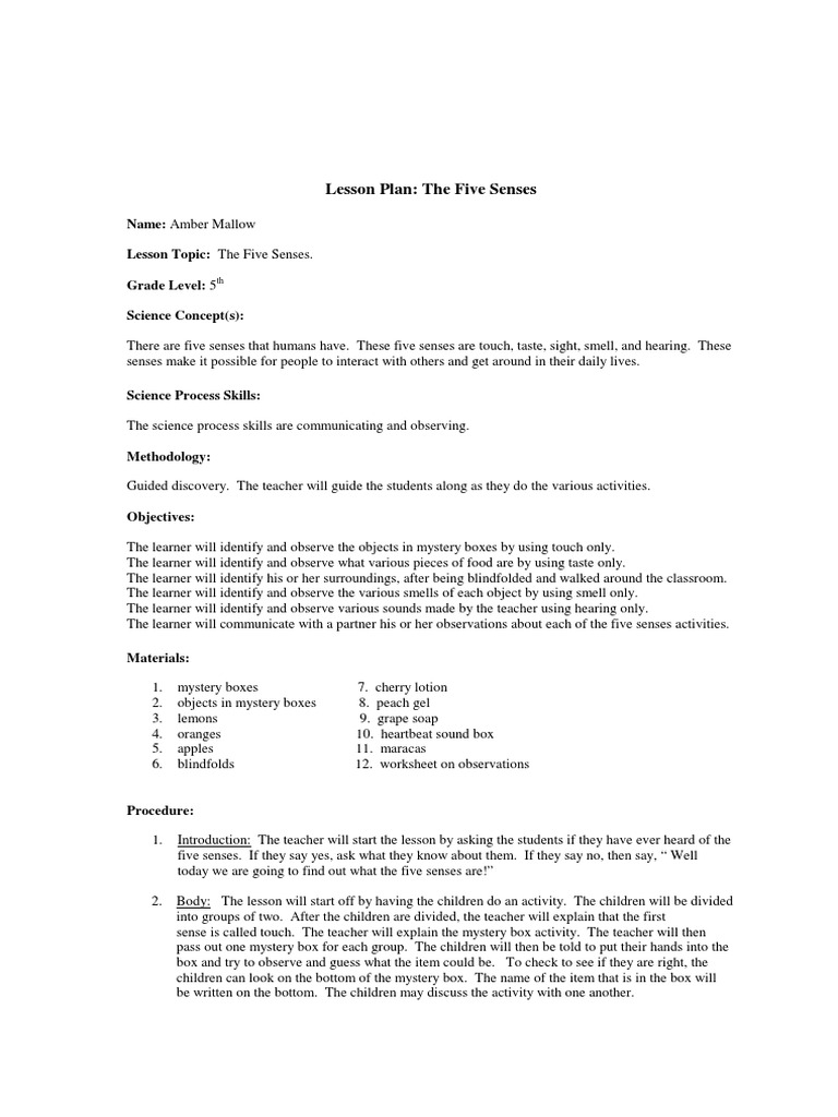 5th Grade Five Senses Lesson | PDF | Senses | Lesson Plan