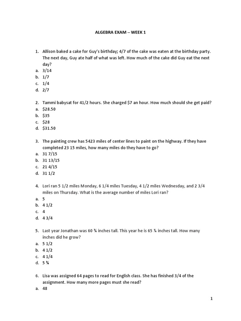 Algebra Exam - Week 1 - Answer Key | PDF | Decimal | Fraction (Mathematics)