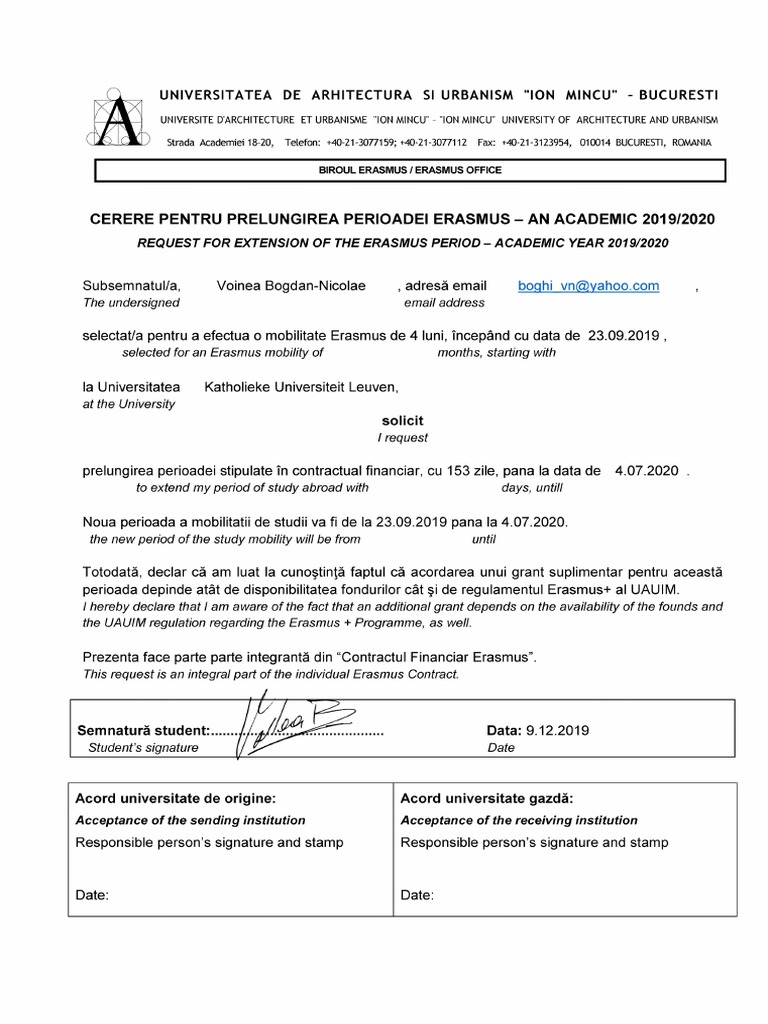 Cerere Prelungire Erasmus | PDF