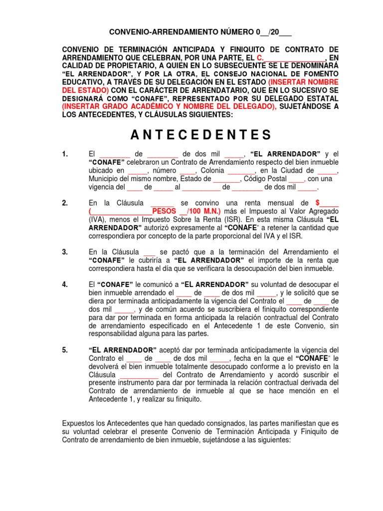 Formato Terminaci N Anticipada y Finiquito de Arrendamiento | PDF | Gobierno | Justicia